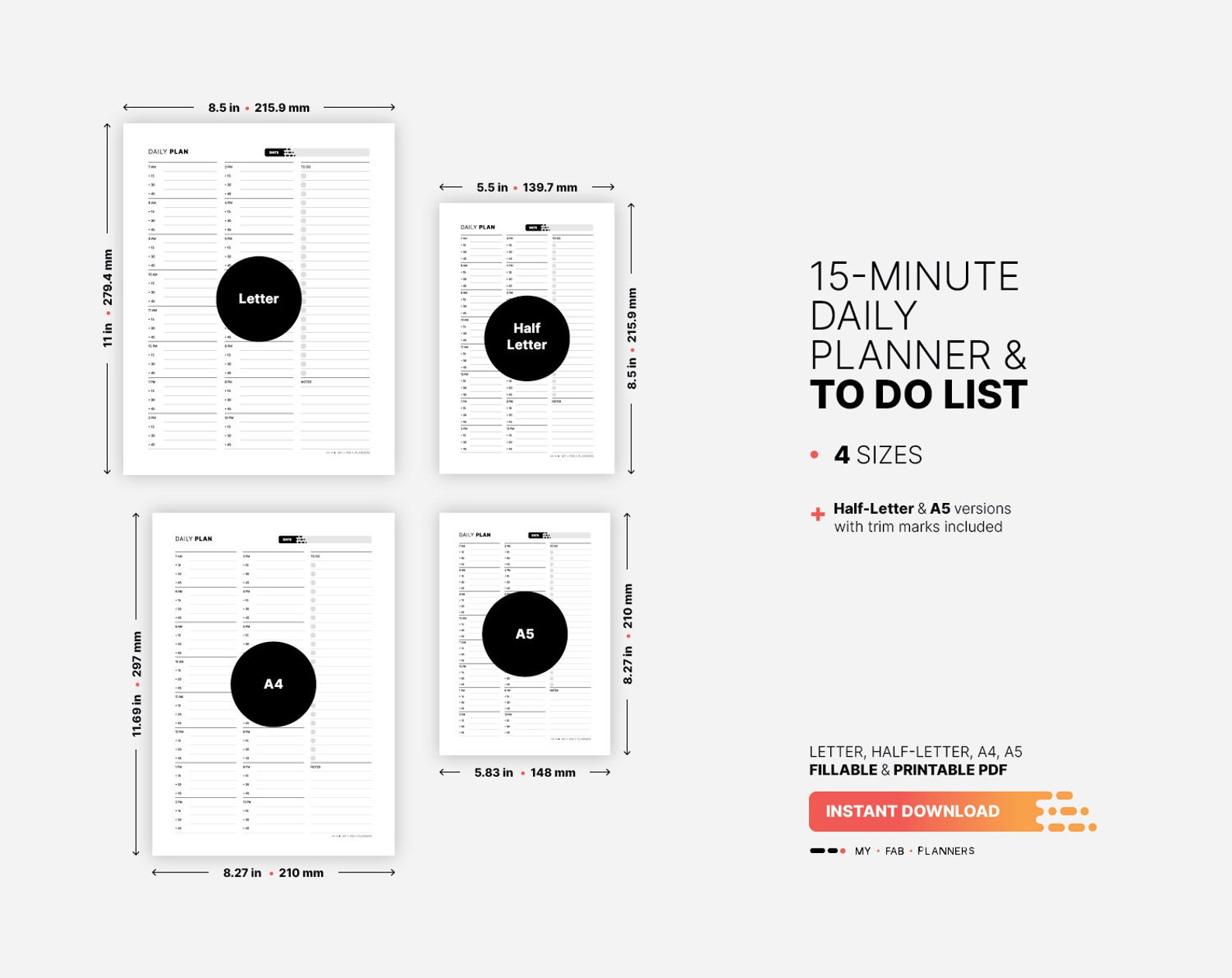15 Minute Daily Planner With to Do List Template, Fillable Time Slots ...
