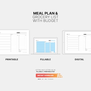 Budget and Meal Plan With Grocery List Planner, Fillable Weekly Meal ...