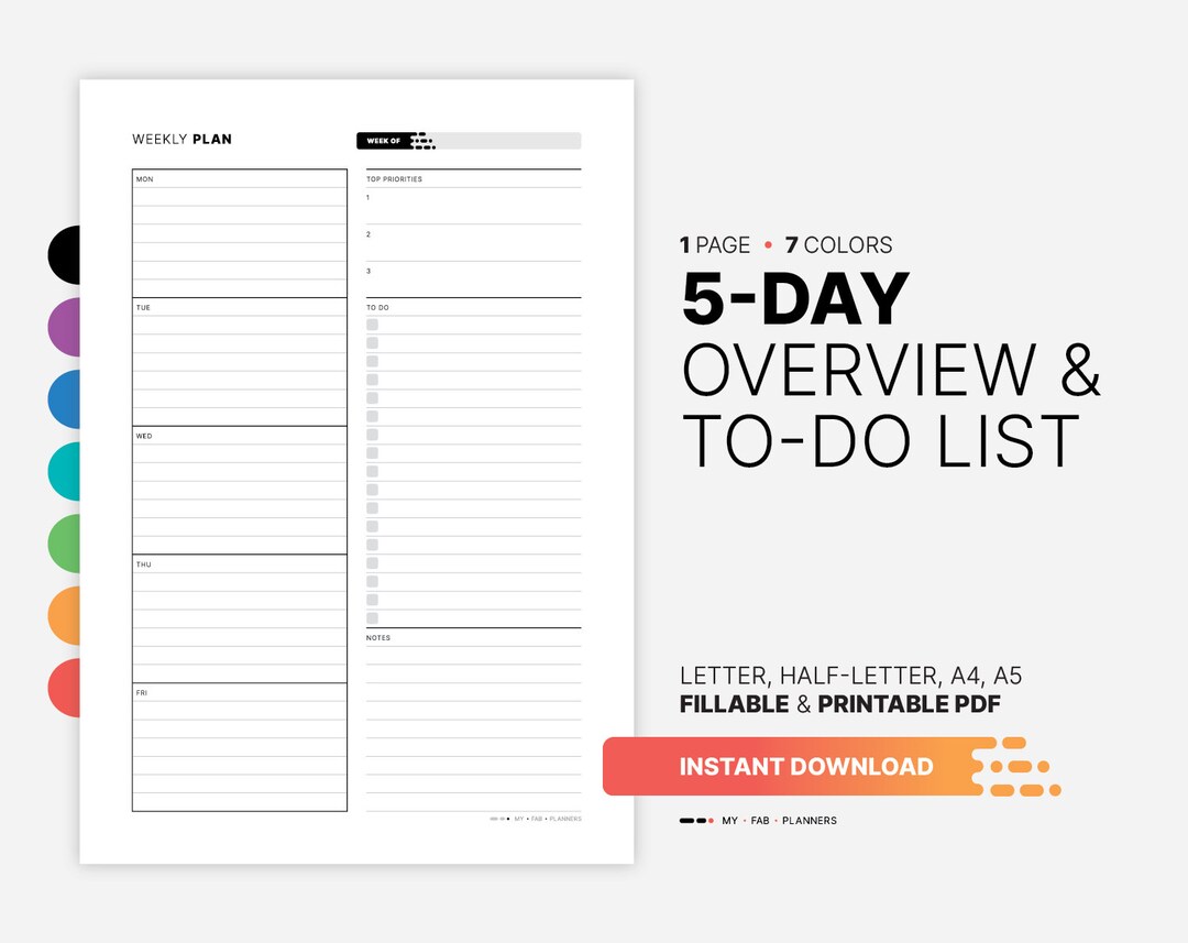 5-day Weekly Planner, Fillable Productivity Agenda (PDF Template) - Etsy