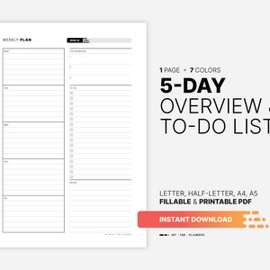 5-day Overview, Printable Things to Do Checklist, Fillable Weekly ...