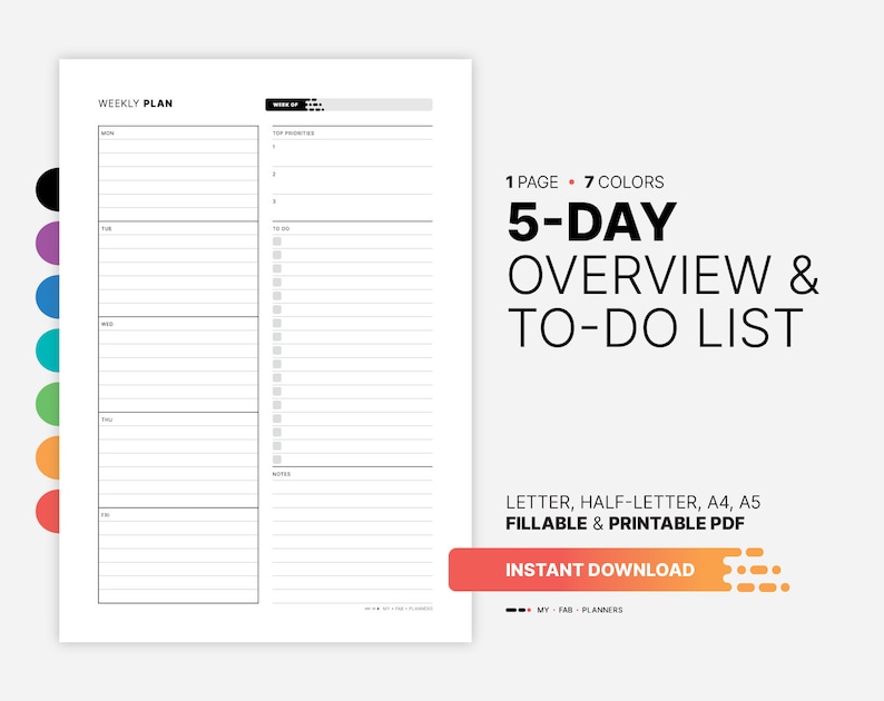 5-day Overview, Printable Things to Do Checklist, Fillable Weekly ...