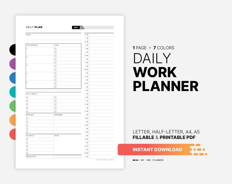 Daily Work Planner, Printable Fillable PDF Template - Etsy