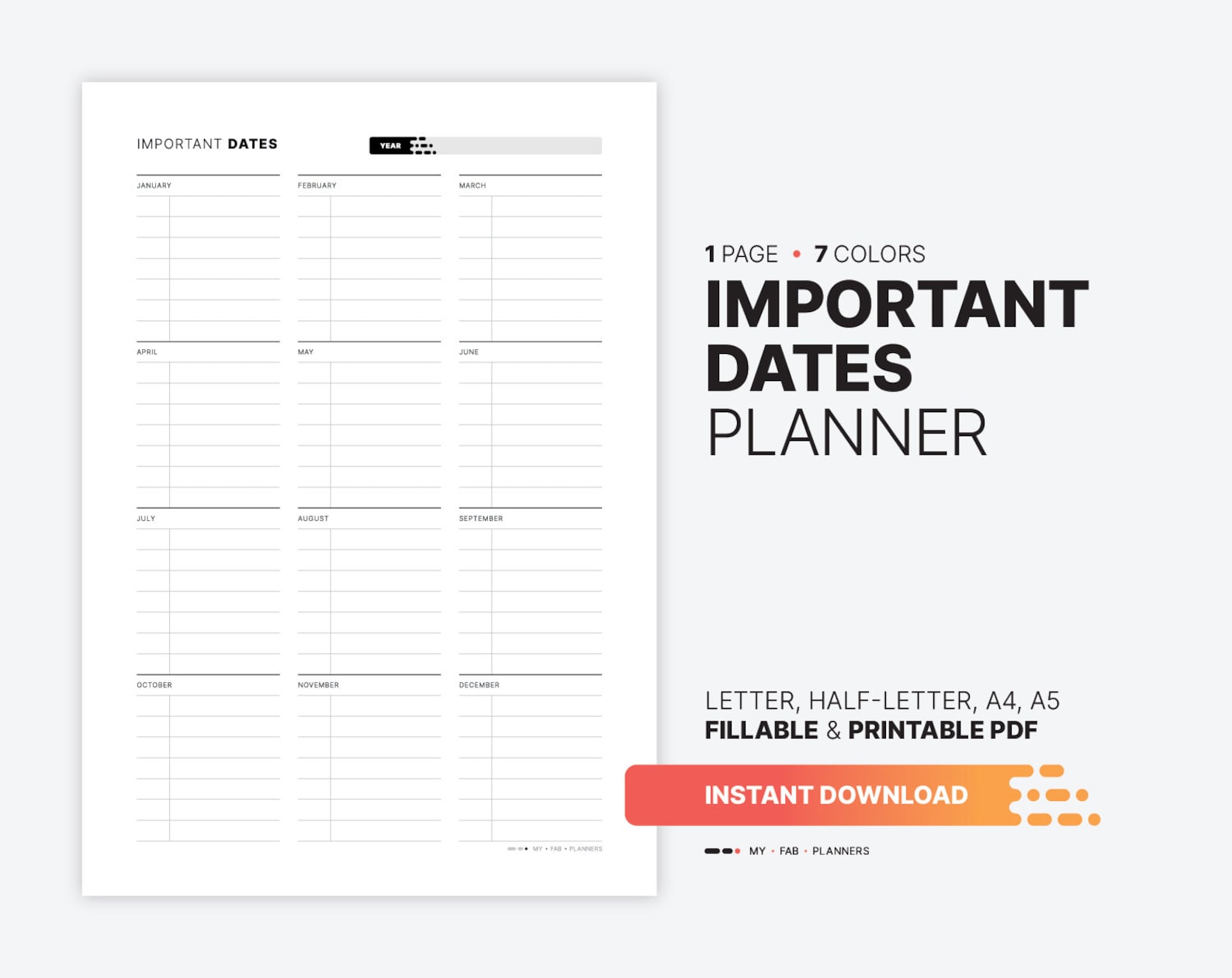 Yearly Important Dates Planner, Fillable Birthday & Life Events List ...