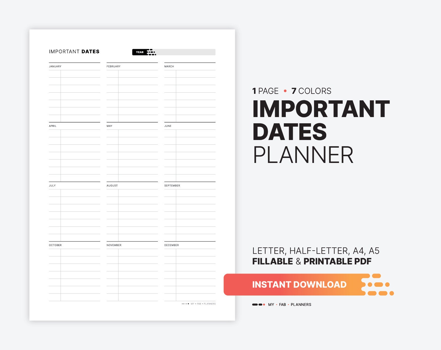 Yearly Important Dates Planner, Fillable Birthday & Life Events List ...