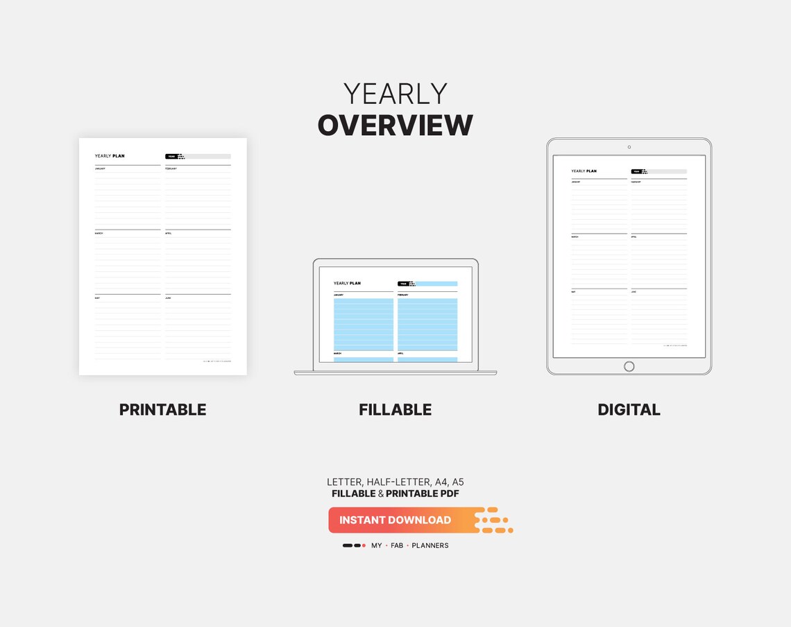 Yearly Overview Planner, Digital Year at a Glance Template, Fillable ...