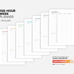 168-hour Weekly Planner, Printable Mindfulness Timesheet, Goal Setting ...