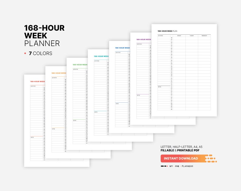 168-hour Weekly Planner, Printable Mindfulness Timesheet, Goal Setting ...