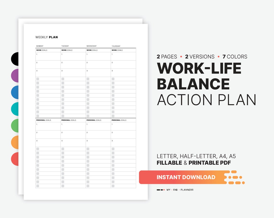 Weekly Work-life Balance & Action Plan, Goal Setting Log, Fillable To ...