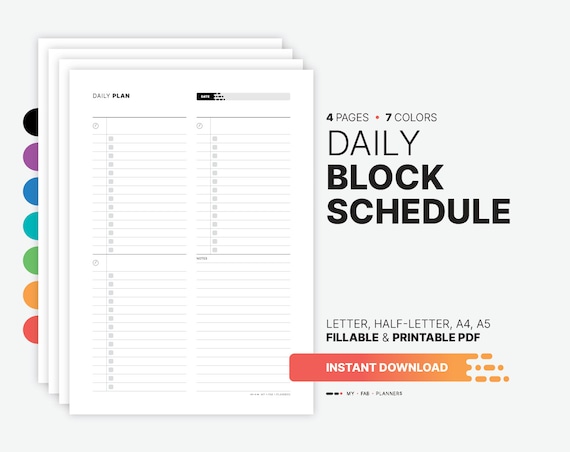 Daily Block Schedule Planner Hourly Task Checklist Tracker & - Etsy