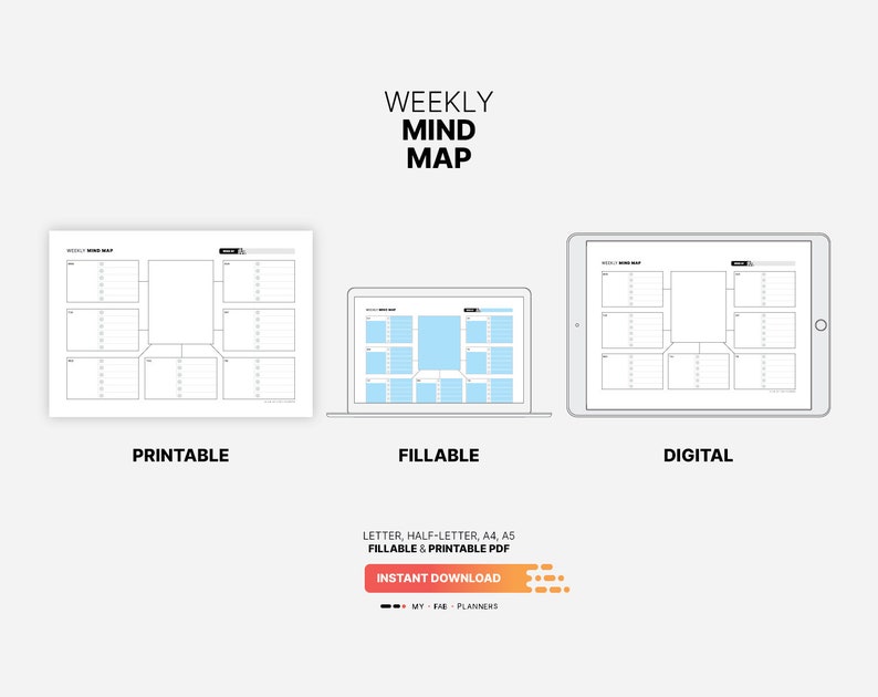 Weekly Mind Map Planner, Printable Vision Board, Fillable Task Action ...