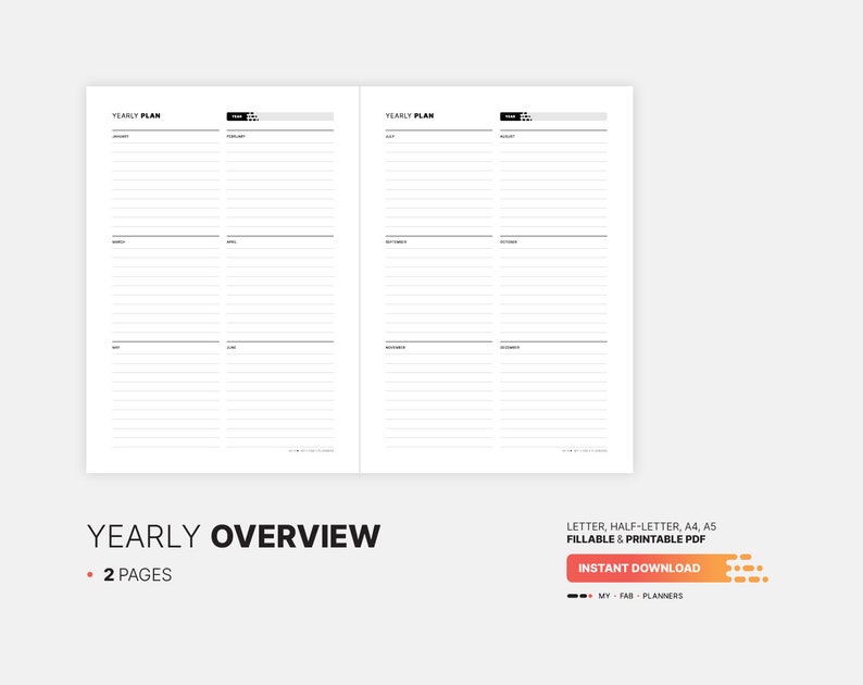 Yearly Overview Planner, Digital Year at a Glance Template, Fillable ...