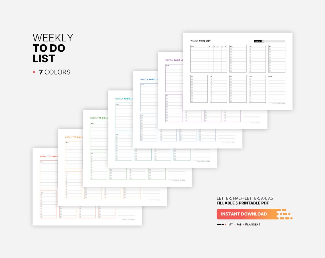 Weekly to Do List Planner, Printable Task List Chart, Productivity ...