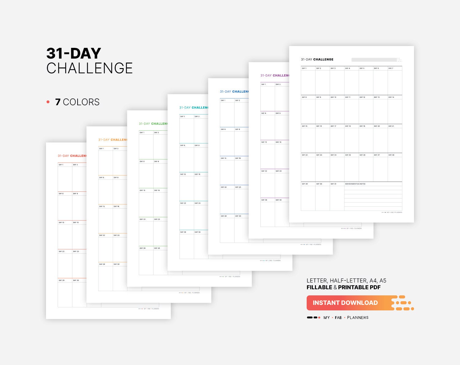 31-day Challenge for Monthly Goal & Habit Tracker Fillable - Etsy