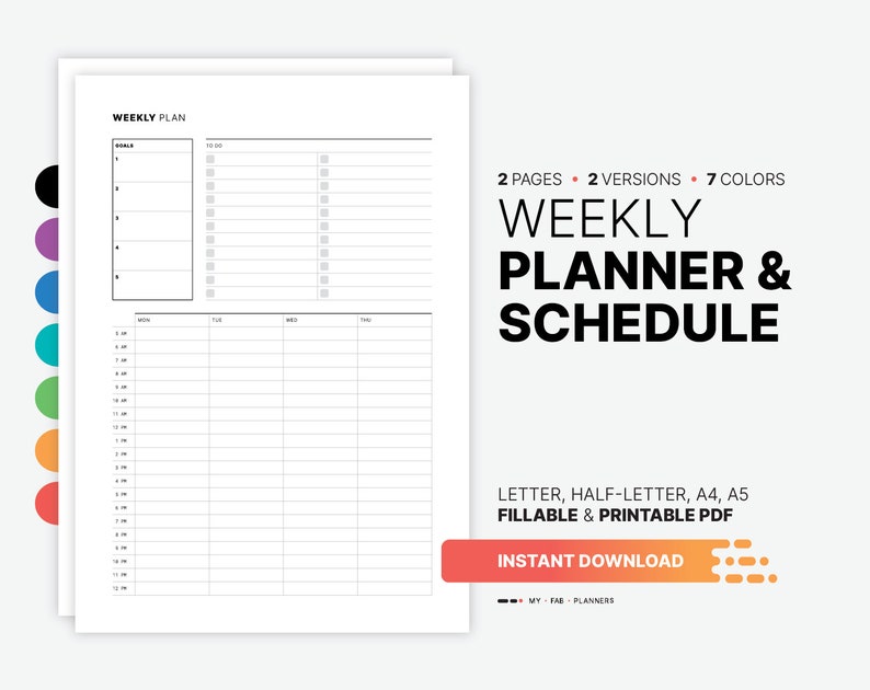 Weekly Planner, Schedule, Printable Week at a Glance Calendar, Fillable ...