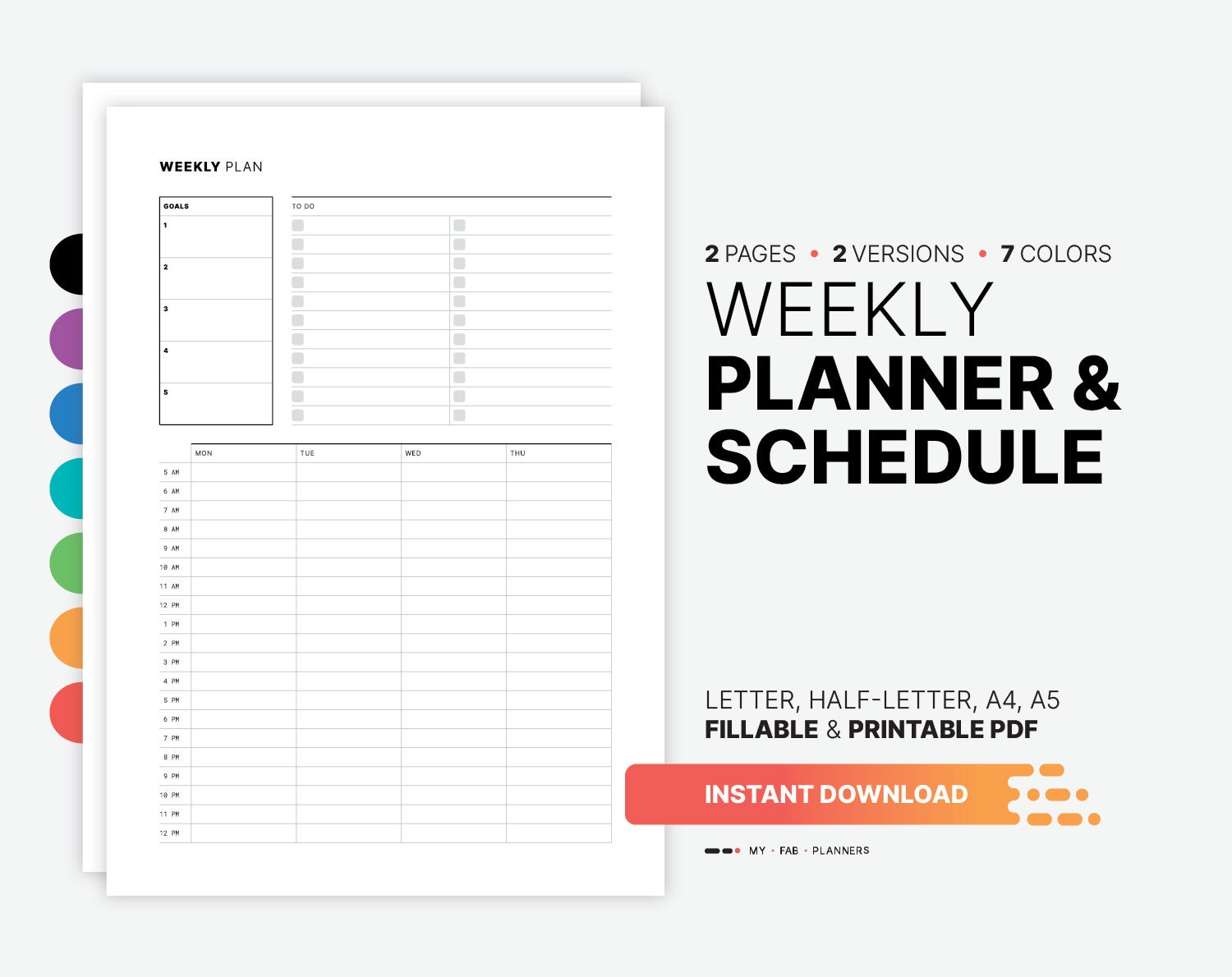 Weekly Planner, Schedule, Printable Week at a Glance Calendar, Fillable ...