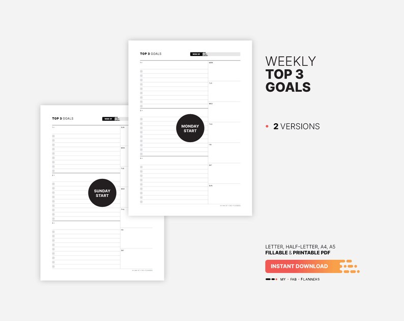Weekly Top 3 Goals Planner, Fillable PDF (printable) - Etsy