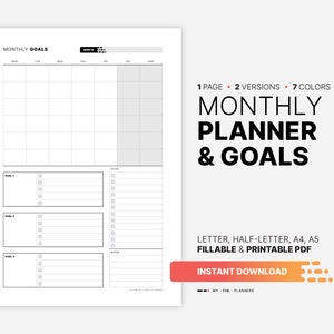 Monthly Goals Template, Life Goal Setting Planner, Fillable Things to ...