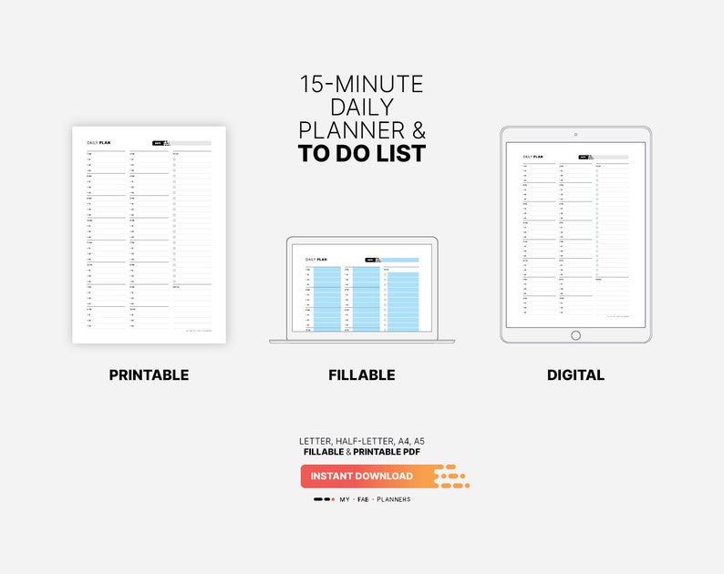 15 Minute Daily Planner With to Do List Template, Fillable Time Slots ...