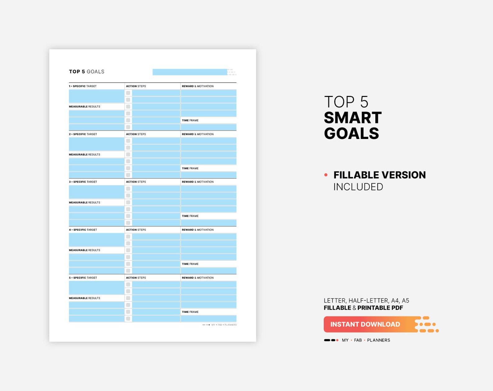 Top 5 SMART Goals With Action Plan, Goal List & Setting Printable ...