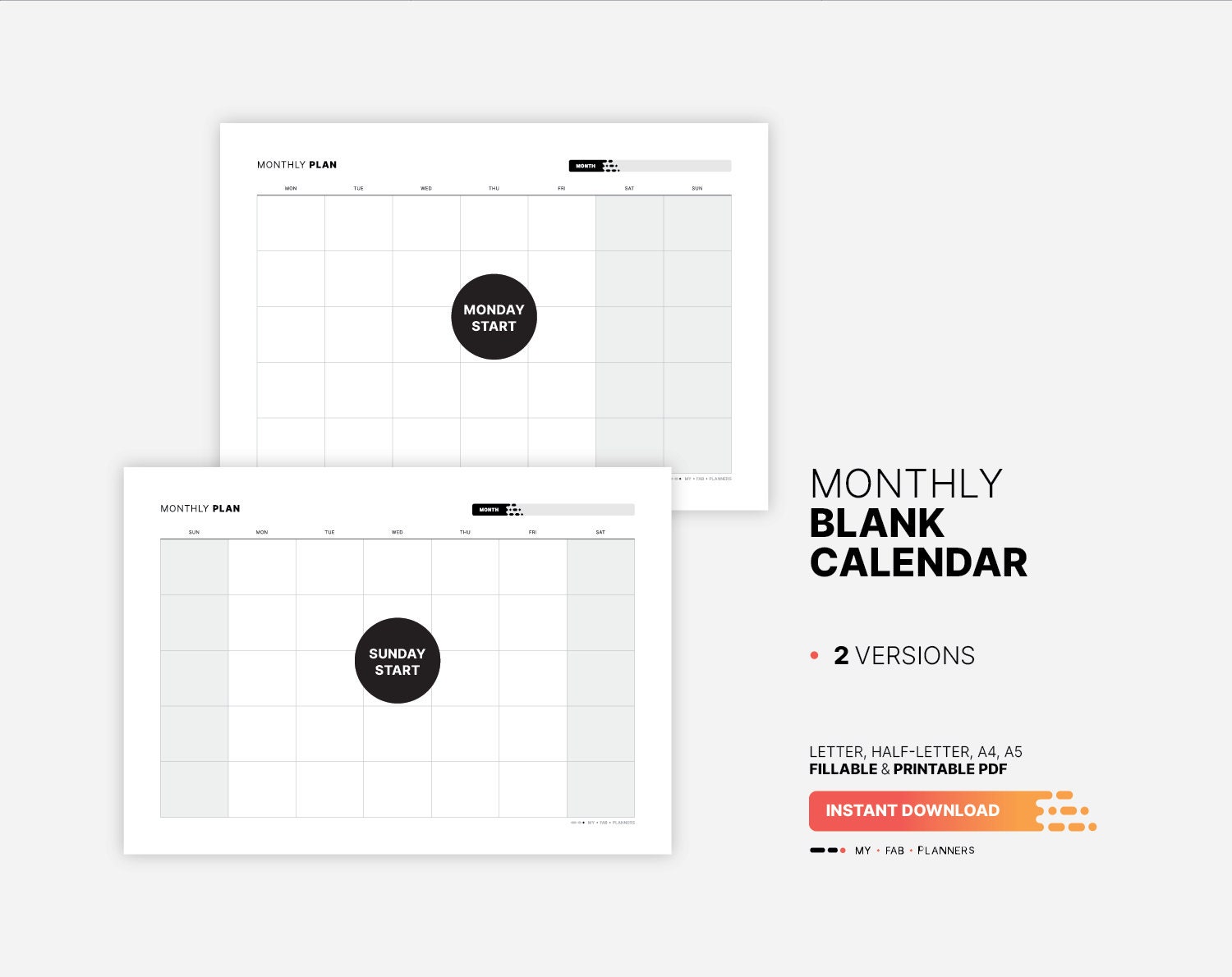 Monthly Blank Calendar, Printable Landscape Insert, Fillable Work at a ...