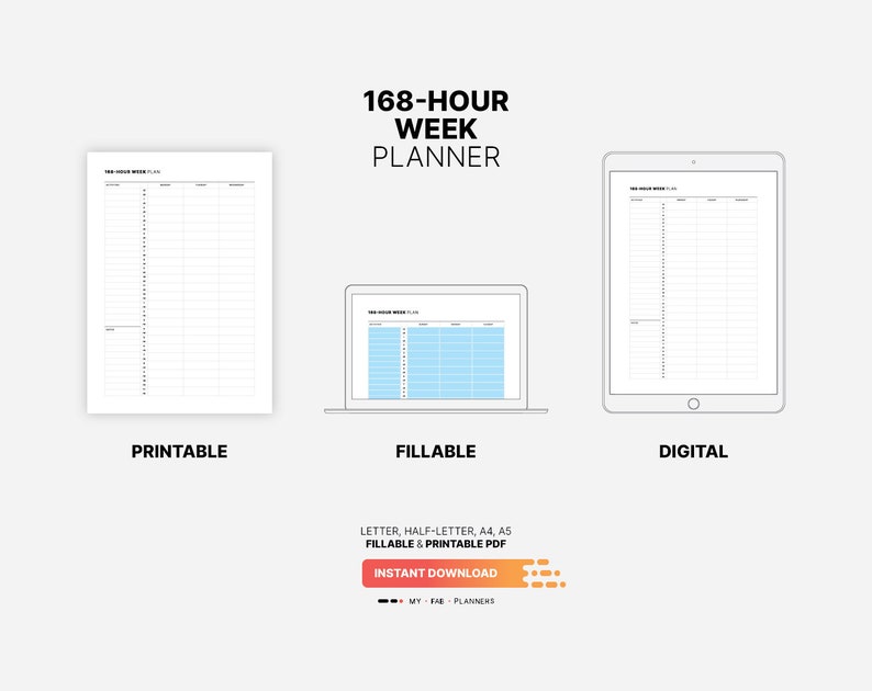 168-hour Weekly Planner, Printable Mindfulness Timesheet, Goal Setting ...