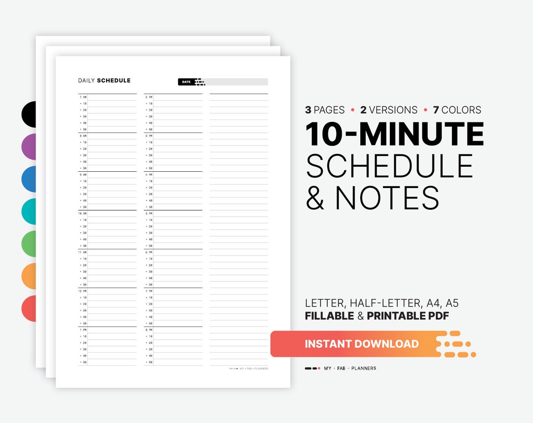 10-minute Daily Schedule Printable, Fillable PDF Template - Etsy