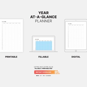 Year At-a-glance Planner, Undated & Digital Yearly Overview Template ...