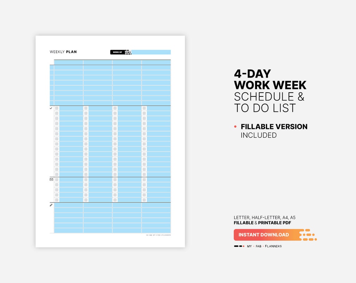 4-day Work Week Schedule, Fillable Things to Do List, Printable Work at ...