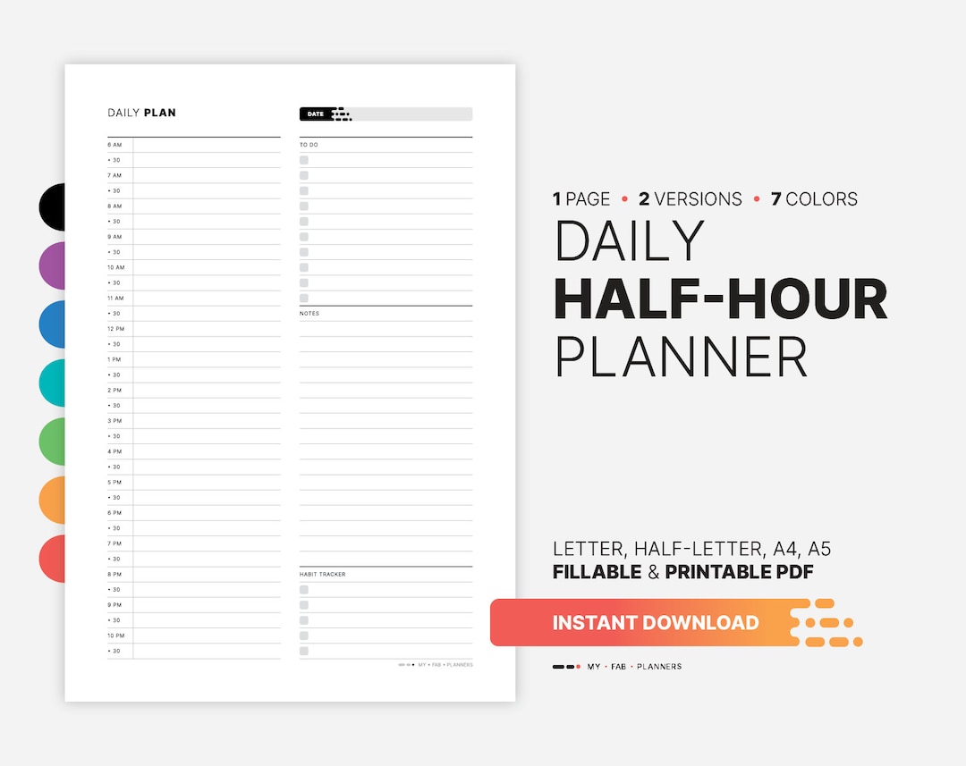 Half Hour Daily Planner, Block Time Schedule, Everyday Fillable Task ...
