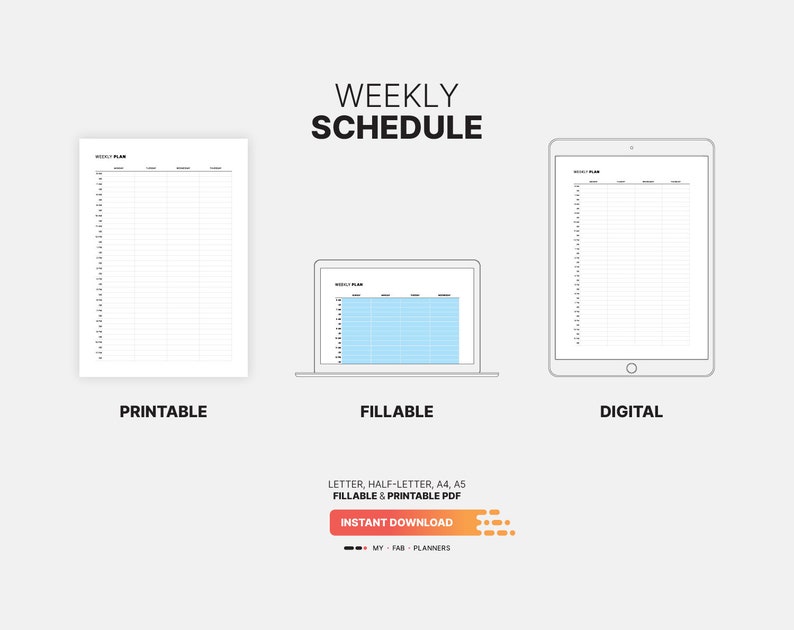 Weekly Schedule Template, Hourly Block Timetable Planner, Week on 2 ...