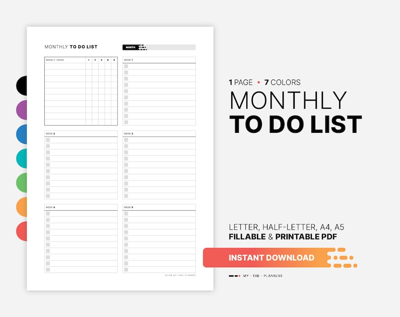 Monthly Things to Do List, Printable Weekly Checklist Tracker, Fillable ...