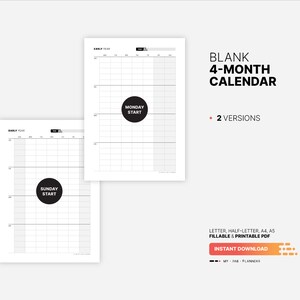 Blank 4-month Calendar, Fillable Printable PDF Template - Etsy