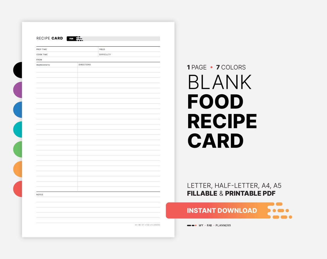 Blank Food Recipe Card, Fillable Personal Cards Book & Binder ...