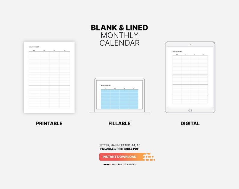 Blank Lined Monthly Calendar, Fillable Month At-a-glance Blocks ...