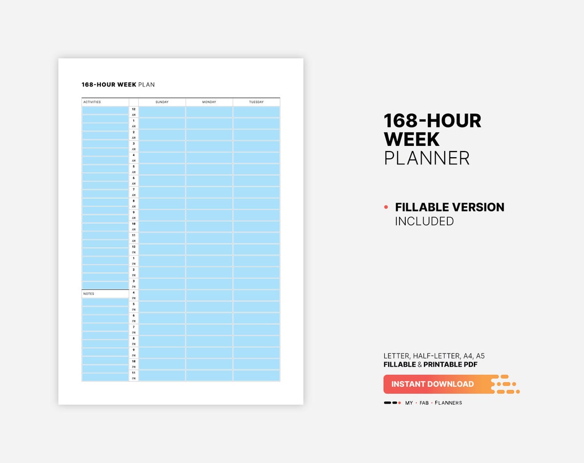 168-hour Weekly Planner, Printable Mindfulness Timesheet, Goal Setting ...