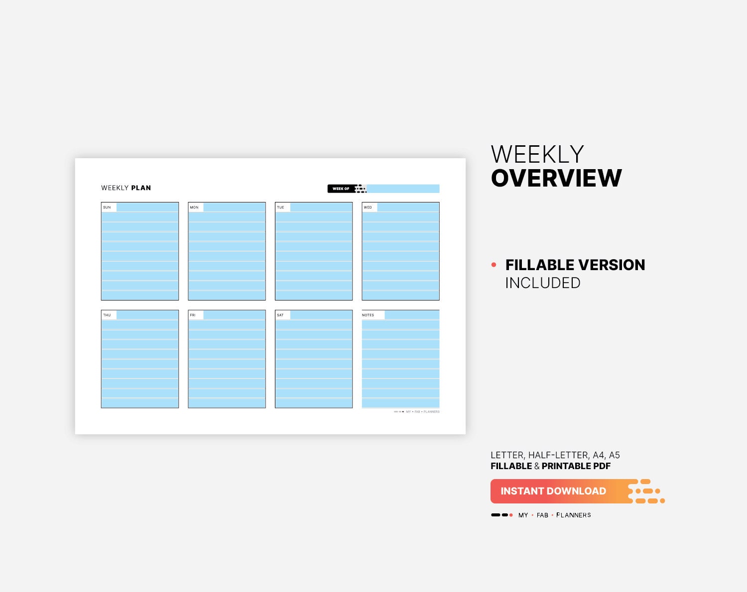 Weekly Overview, Work Productivity Planner, Fillable Schedule, Undated ...