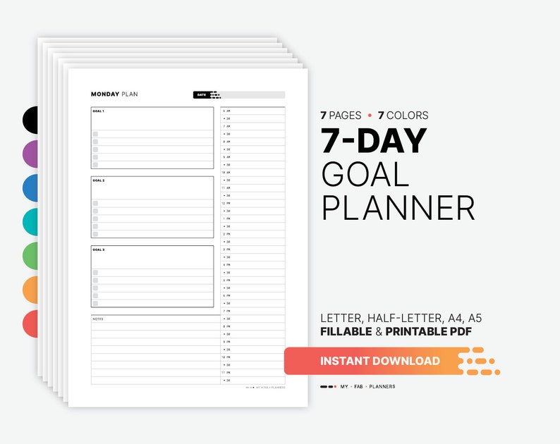 7-day Goal Planner, Printable Daily Schedule, Fillable Work & Study ...