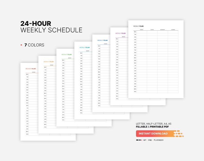24-hour Weekly Schedule Planner, Fillable Hourly Block Appointment ...