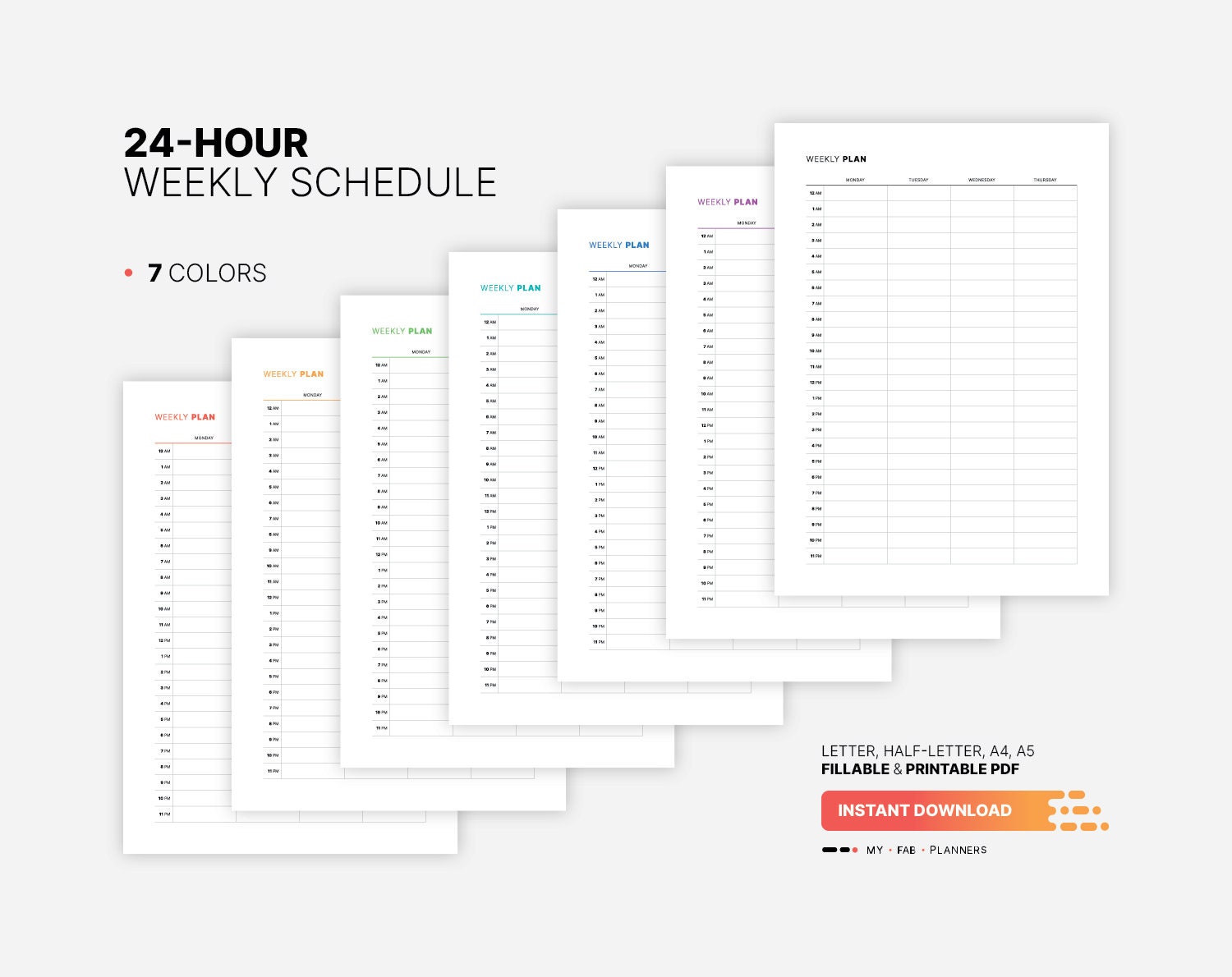 24-hour Weekly Schedule Planner, Fillable Hourly Block Appointment ...