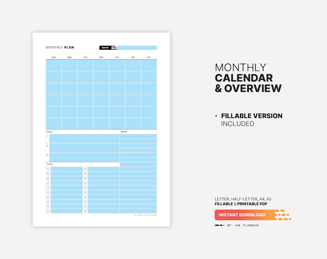 Monthly Blank Calendar & Overview Planner Undated Fillable - Etsy