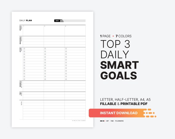 Top 3 Daily SMART Goals With Action Plan Daily Goal List & | Etsy