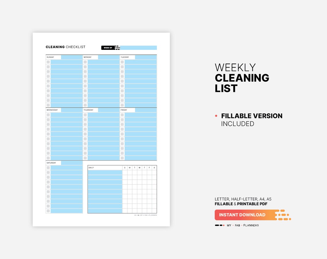 Weekly Cleaning List, Printable Chore Chart, Fillable to Do List, Home ...