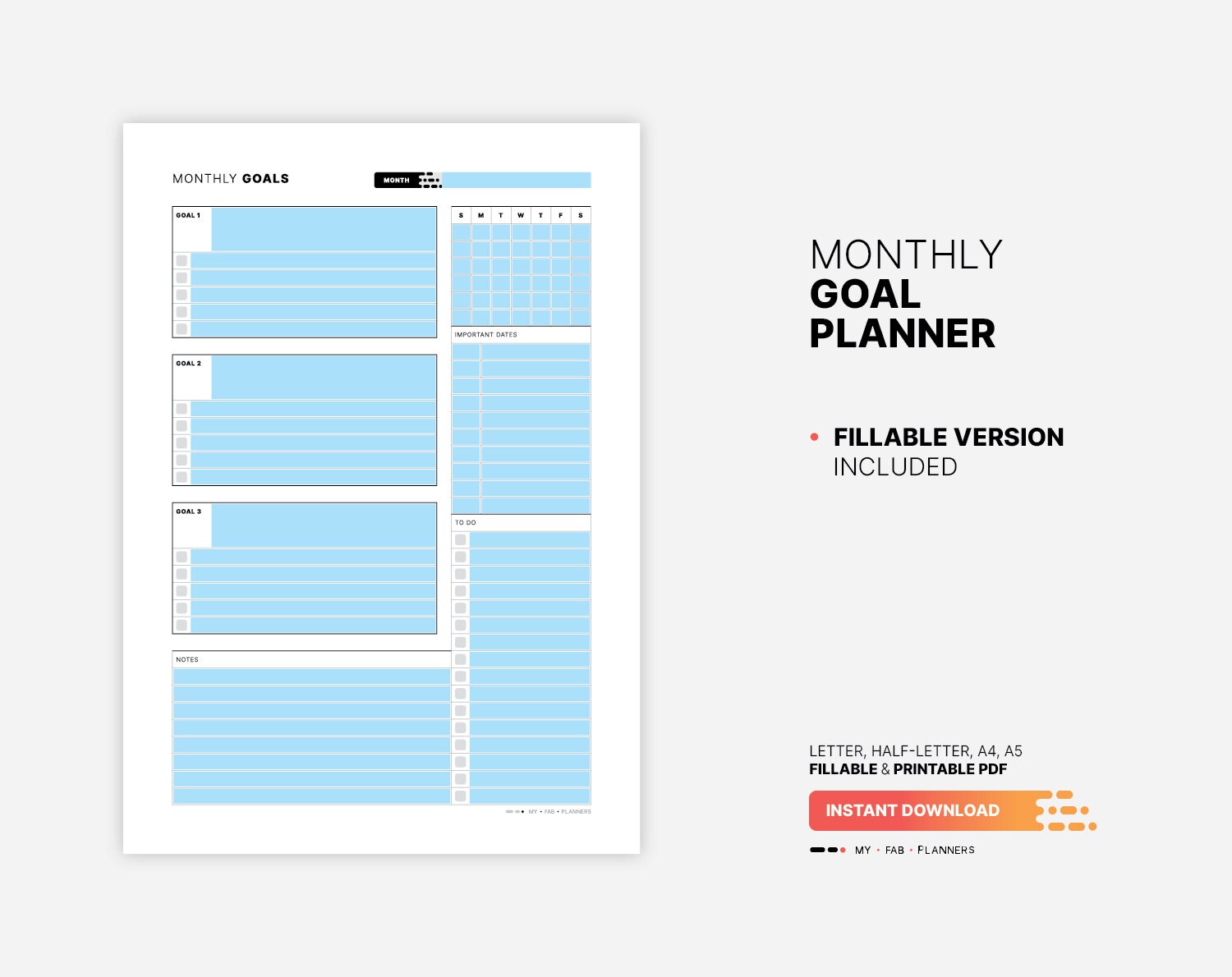 Monthly Goal Planner, Printable Work-life Goal Setting, Project ...