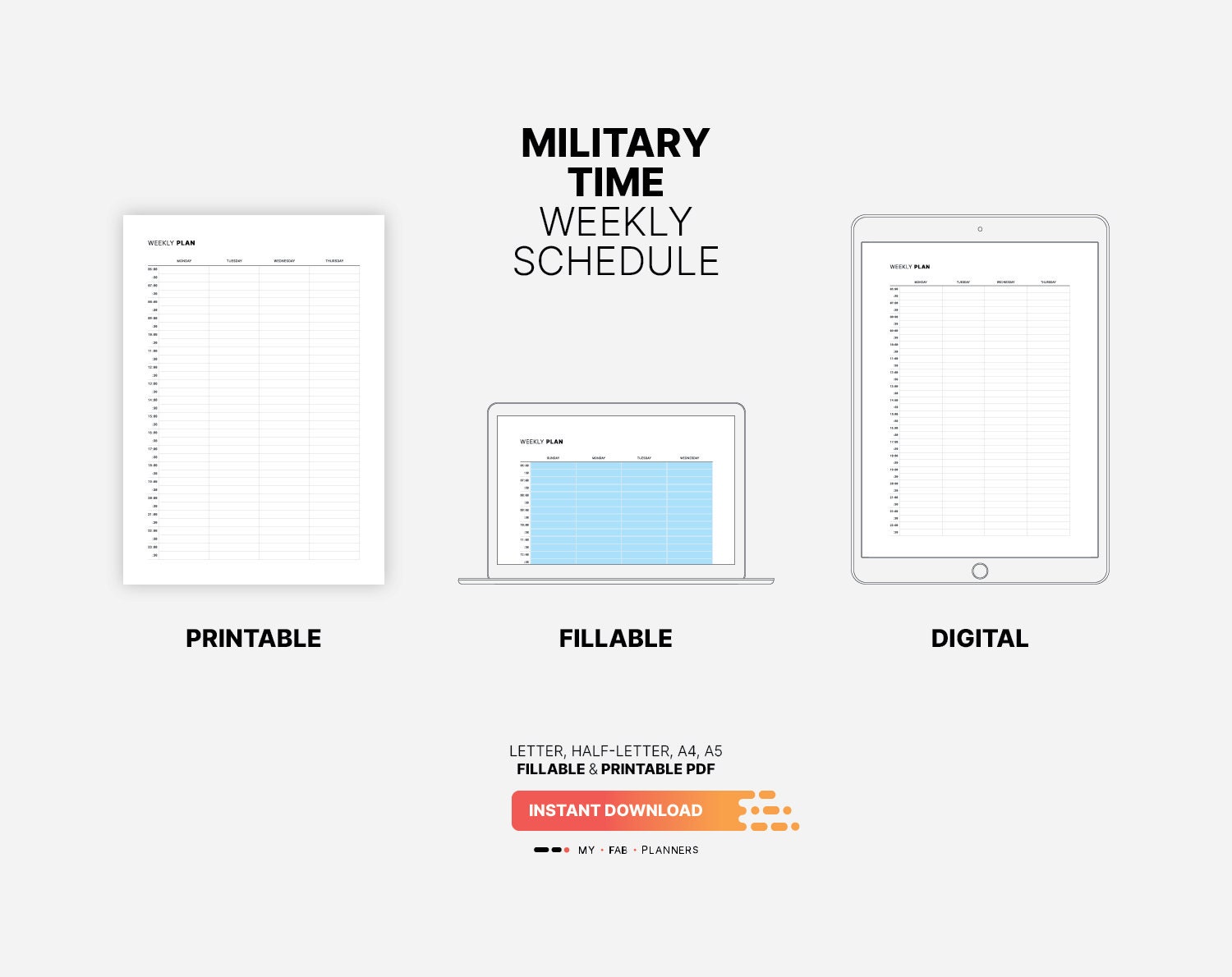 Military Time Weekly Schedule, Printable Productivity Planner Inserts ...