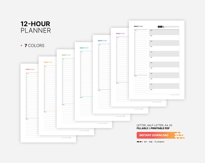 12-hour Planner, Printable Hourly Work, Study Task Schedule, Fillable ...