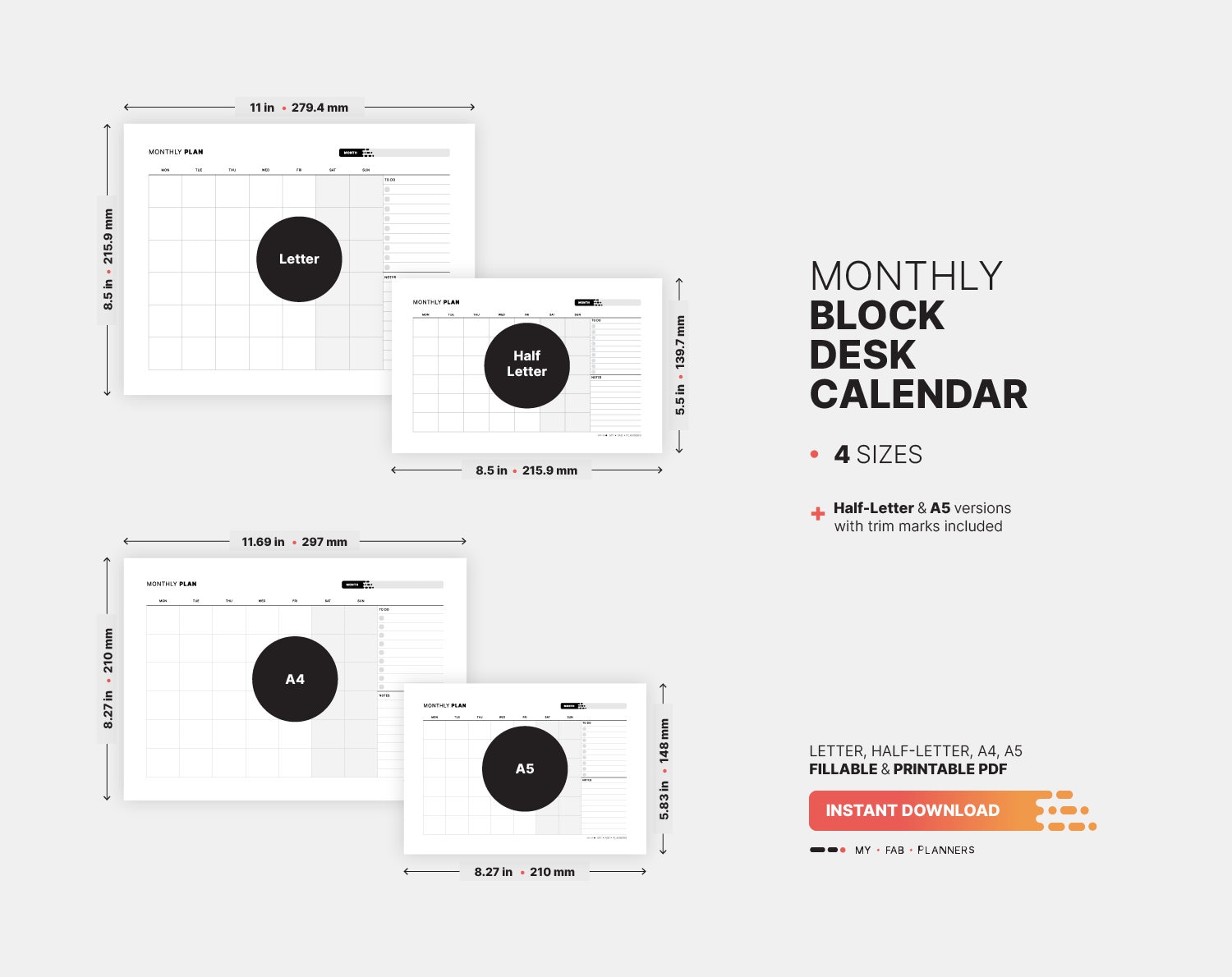 Monthly Block Desk Calendar, Fillable Blank Blocks Planner, Month at a ...