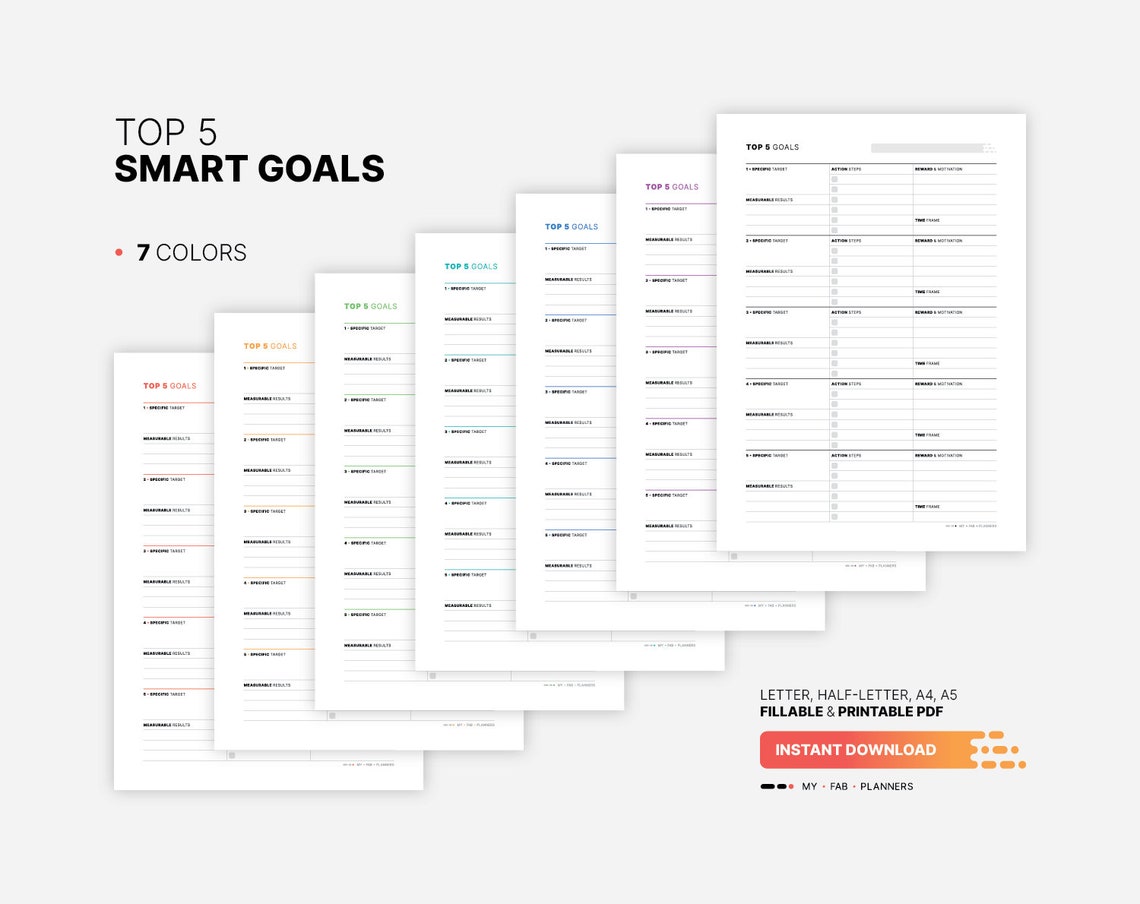 Top 5 SMART Goals With Action Plan, Goal List & Setting Printable ...