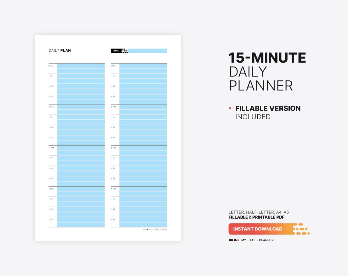 15 Minute Planner Undated Sheet, Daily Time Slots Organizer, Work ...