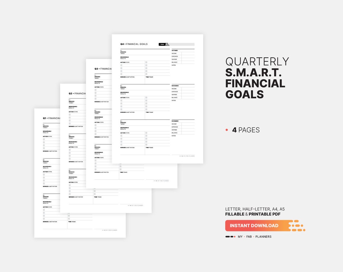 Top 3 Quarterly SMART Financial Goals Planner, Fillable Finance Goals ...