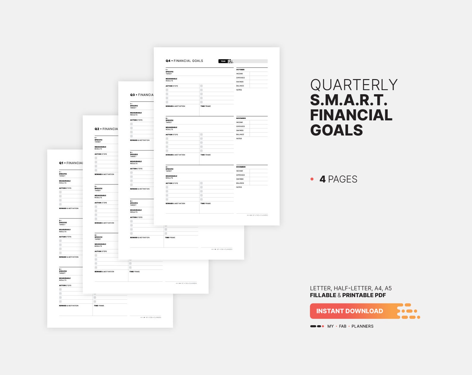 Top 3 Quarterly SMART Financial Goals Planner, Fillable Finance Goals ...